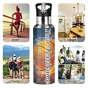 ZOEO Custom Stainless Steel Water Bottle Personalized Name Basketball Fire with Straw Lid Insulated Keeps Hot and Cold Flask Jug for Sports Gym Cycling Outdoor 20 Oz