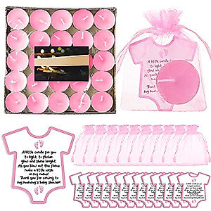 50 Sets Pink Baby Shower Favors Tea Light Candles for Guests Cute Decorations with Pink Cards and Organza Bags for Girls Friend Baby Shower Gender Reveal Party Favors (Pink), Unscented