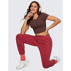 CRZ YOGA Womens Butterluxe Short Sleeve Crop Tops Double Lined Crew Neck Casual Workout T-Shirt Cute Basic Tee Taupe Medium