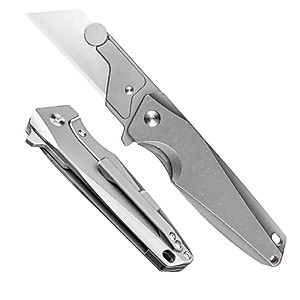 ainhue A373 Pocket Folding Flipper Utility Knife, 10pcs Replaceable Blades, 3.73 inches Stonewashed Titanium Handles Pocket Clip, Compact High-end Art Craft Wallpaper Cutter Electrician Knives