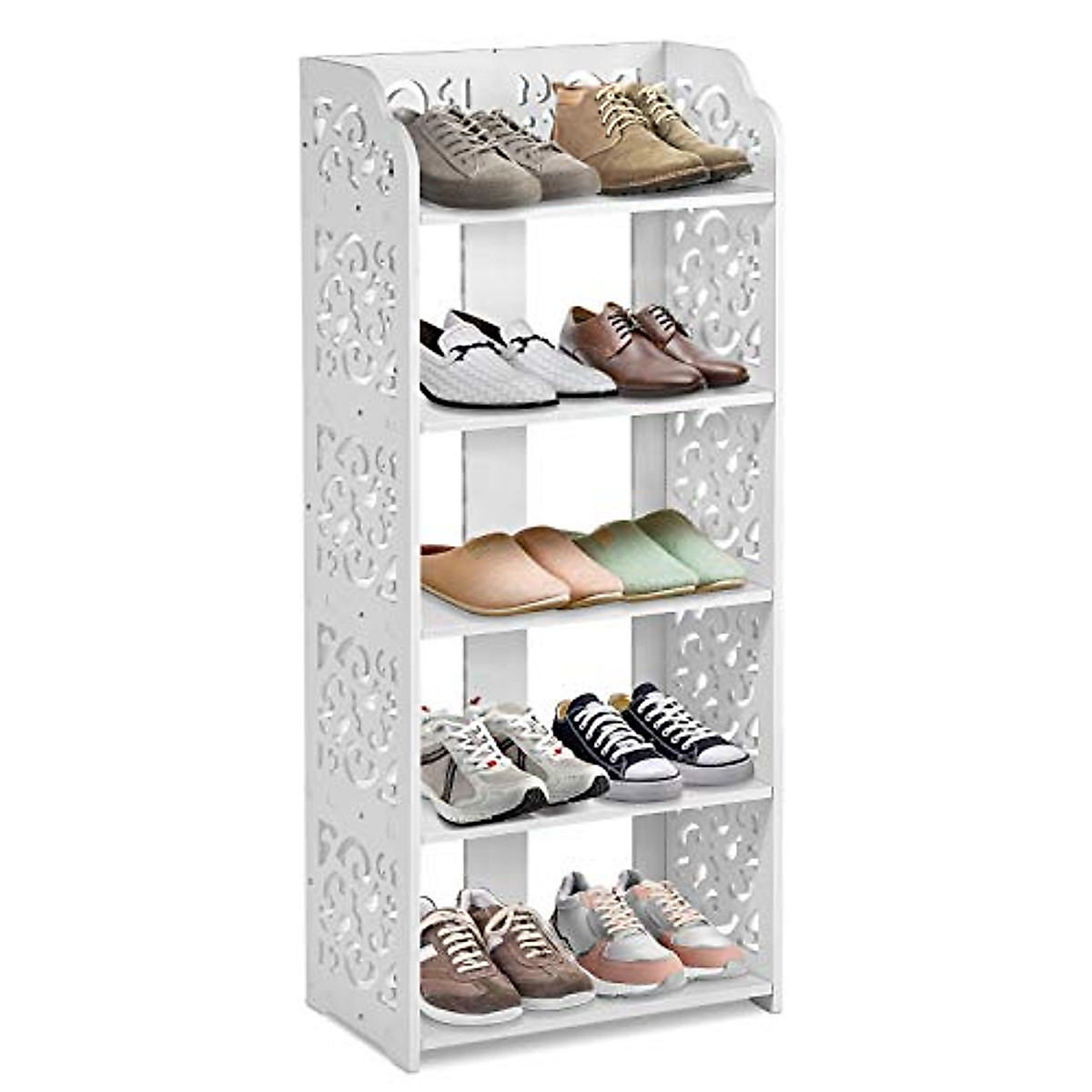 Yosooo 5 Tier Wood Plastic Carved Shoe Rack,White Shoe Cabinet Tall CD Display Storage Organizer Stand Bookshelf