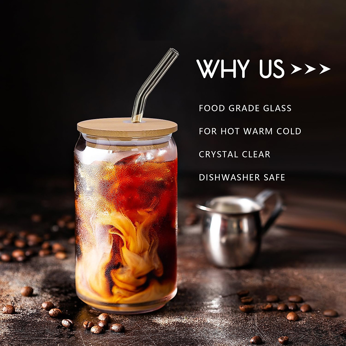 Drinking Glasses with Bamboo Lids and Glass Straw-16oz Can Shaped Glass Cups,Beer Glasses,Iced Coffee Glasses,Ideal for Cocktail,Whiske,Soda,Bubble Tea,Juicing,Smoothies(12pcs Set+2 Cleaning Brushes）