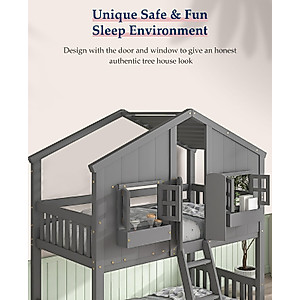 Tatub House Bunk Bed Twin Over Twin Floor Bunk Bed Wood Treehouse Bunk Bed with Ladder, Roof, Windows, Door and Storage, House Bunk Beds Frame for Kids Teens