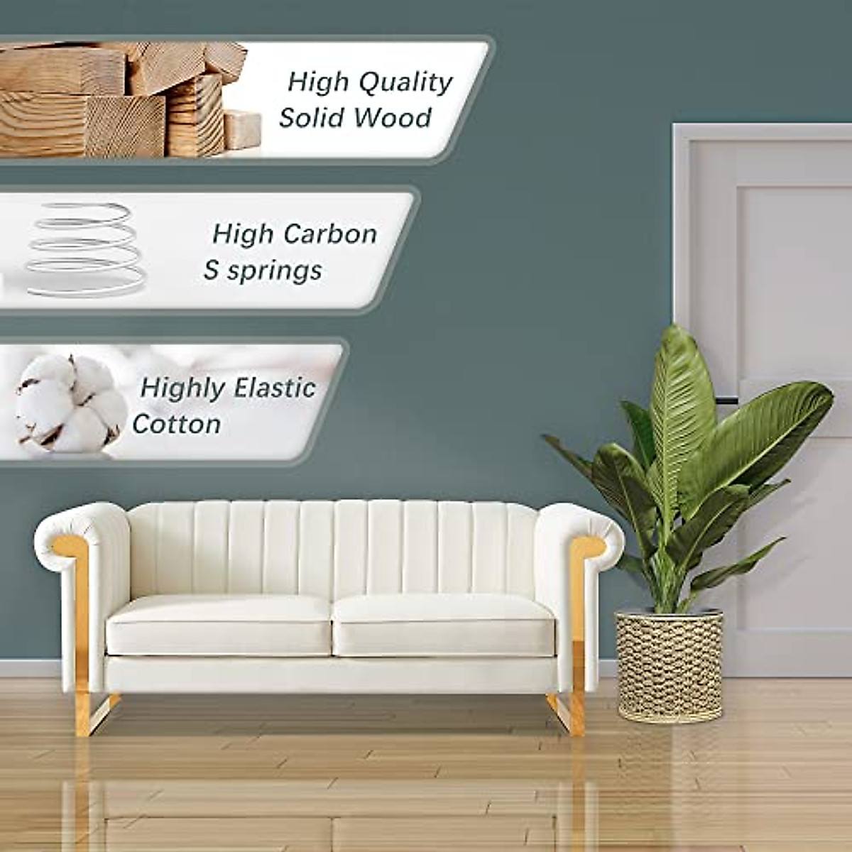 Koruiten Velvet Sofa Couch, Mid-Century Modern Couch with Arms and Removable Cushions, 84 Inch Love Seats Furniture for Living Room & Bedroom (White)