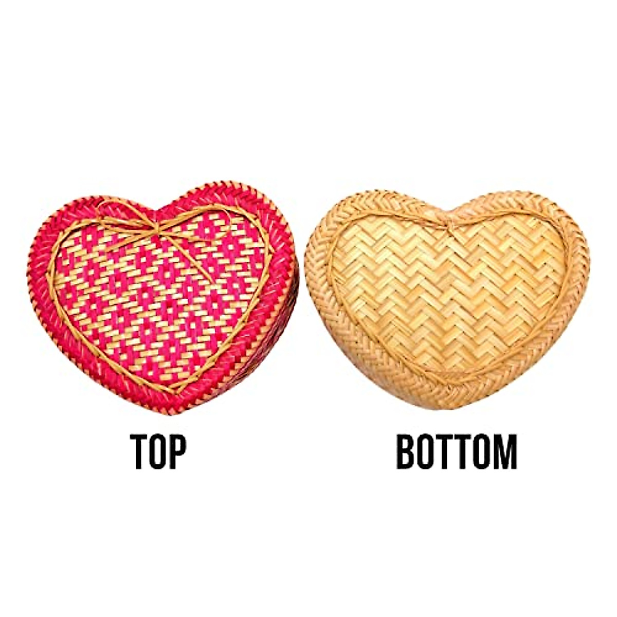 FOREVER 1 – Bamboo Sticky Rice Serving Basket 6.2 x 5.2 Inch, Kratip, Intricately Woven Container, Heart-Shaped, Elephant Weave Pattern, Bright Pink, Thailand Handmade, Dyed with Natural Based