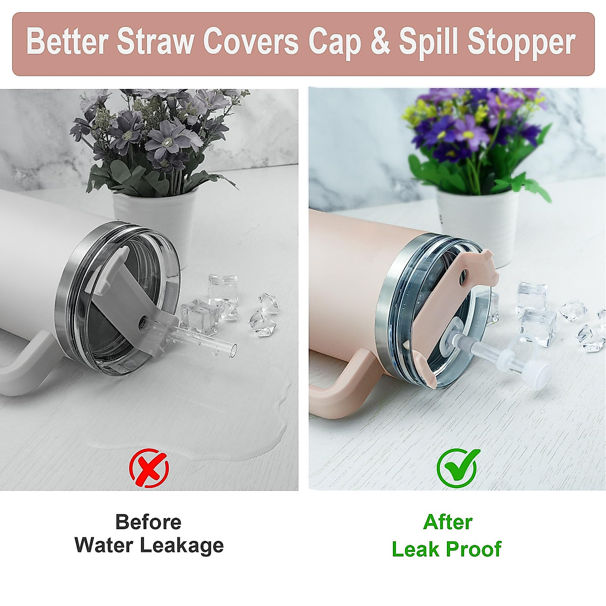 Straw Cover Spill Stopper Set Compatible with Stanley Cup 40 oz 30 oz Quencher H2.0, 2 Silicone Straw Cover Cap, 2 Square Spill Stopper and 2 Round Leak Stopper for Stanley Tumbler Accessories
