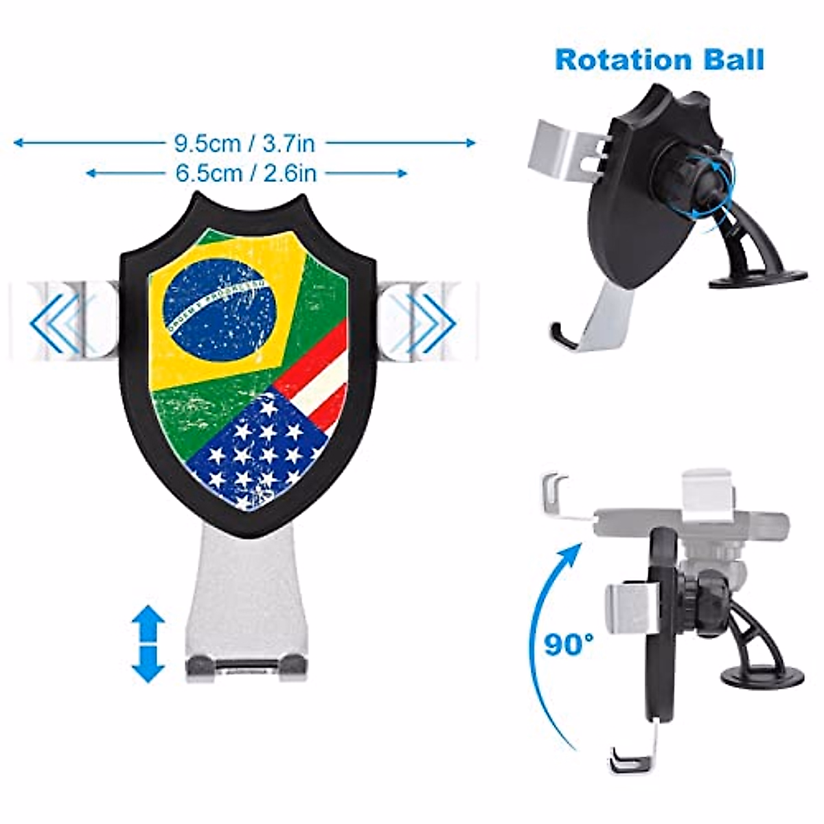 Brazil and USA Flag Car Phone Holder Mount Universal Cellphone Vent Clamp for Dashboard Windshield Stand
