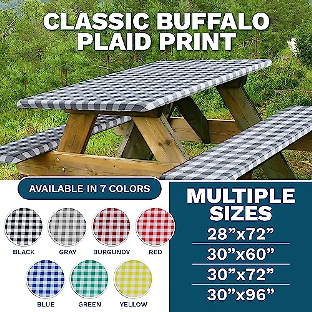 Sorfey Picnic Table Cover with Bench Covers -Fitted with Elastic, Vinyl with Flannel Back, Fits for Table 28"x 72" Rectangle,Water Proof, Easy to Clean, Checked Blue Design