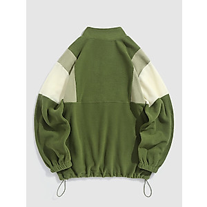 ZAFUL Men's Fluffy Polar Fleece Sweatshirt NEW YORK Embroidery Colorblock Half Zip Unisex Hoodie Deep Green M