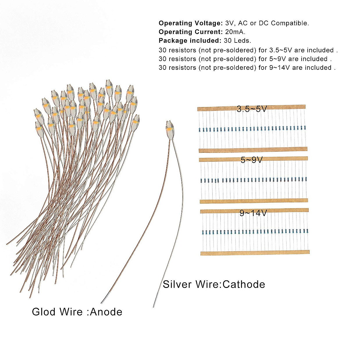 Evemodel 30pcs Pre-Wired Micro Litz Wire Yellow 0603 SMD LED Light 7.8'' Wire Resin Cover Waterproof CD0603Y