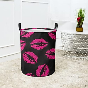 Purple Lips on Black Laundry Hamper Basket Bucket Foldable Dirty Clothes Bag Waterproof Fabric Washing Bin Toy Storage with Handles for Bathroom Bedroom