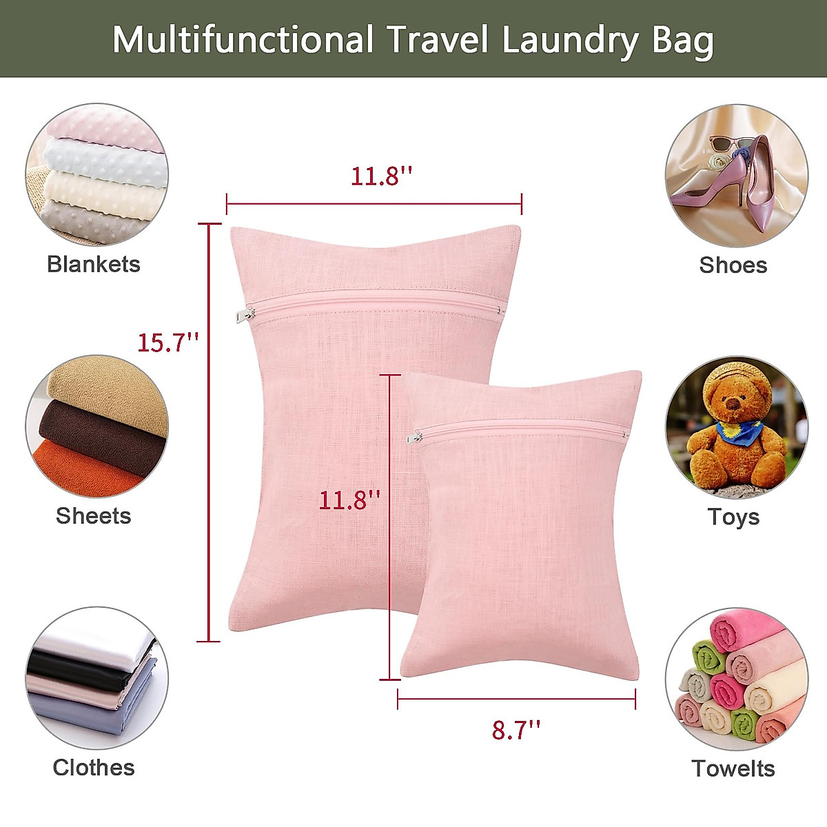 HSOFTIFY 2 Pcs 100% Linen Travel Laundry Bags for Dirty Clothes 8.7 * 11.8inches and 11.8 * 15.7inches Wash Bag for Traveling Wet Dry Bag Kids Underwear Suitcase Luggage Compression Necessities,Pink
