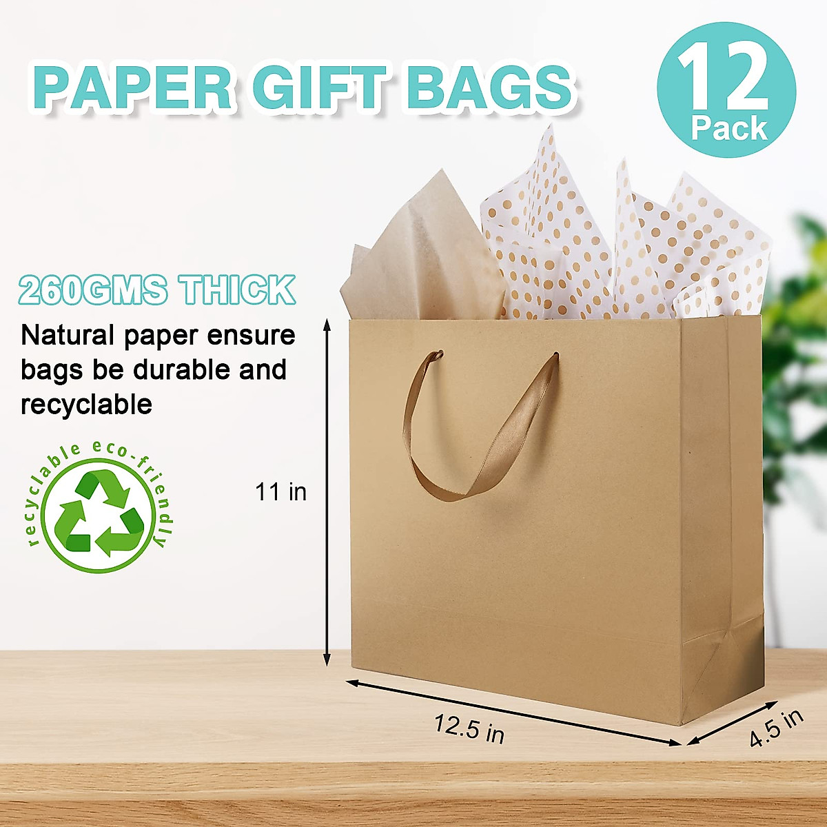 12 Pack Kraft Paper Bags, Large Gift Bags with Tissue Paper, Brown Paper Gift Bags with Ribbon Handles for Shopping, Small Business, Bridal Party, Wedding, Christmas and Holiday (12.5” x4.5” x11”)