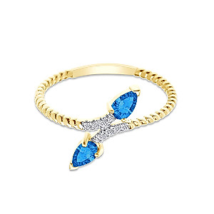 AFFY Pear Shape Natural Diamond And Simulated Blue Topaz In 14K Yellow Gold Over 925 Sterling Silver Ring Size 9