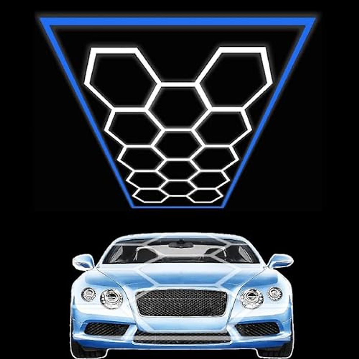 DHXYHQY Hexagon Garage Lights, 14 Hex Grid Honeycomb LED Shop Light with Rectangle Frame for Car Detailing Shop Ceiling Mount, Basement, Gym, Warehouse, Bright 6500K, 90000LM,Blue Frame