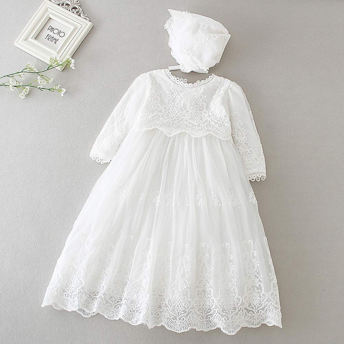 Silver Mermaid Baby Girls Long Sleeve Baptism Dress Floral Embroidery Christening Blessing Gown(3M,Ivory White)
