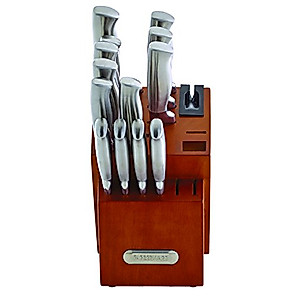 Farberware 18-Piece Forged Stainless Steel Kitchen Knife Set with Wood Block, High-Carbon Stainless Steel Knives, Razor Sharp Knife Set with Ergonomic Handles, Cherry Block