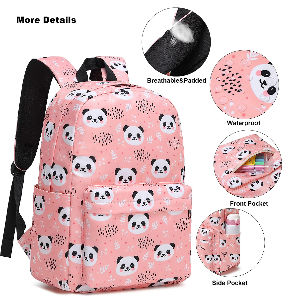 Panda Girls School Backpacks for Kids Teens, 3-in-1 School Bag Bookbags Set with Lunch Bag Pencil Case (Pink)
