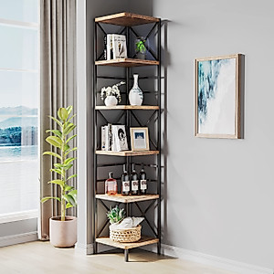 Buytime Corner Bookshelf, Corner Bookshelf for Living Room. 6-Tier Rustic Wooden Corner Bookshelf with Metal Frame, Corner Book Shelf, Tall Corner Shelf, Metal Corner Shelf