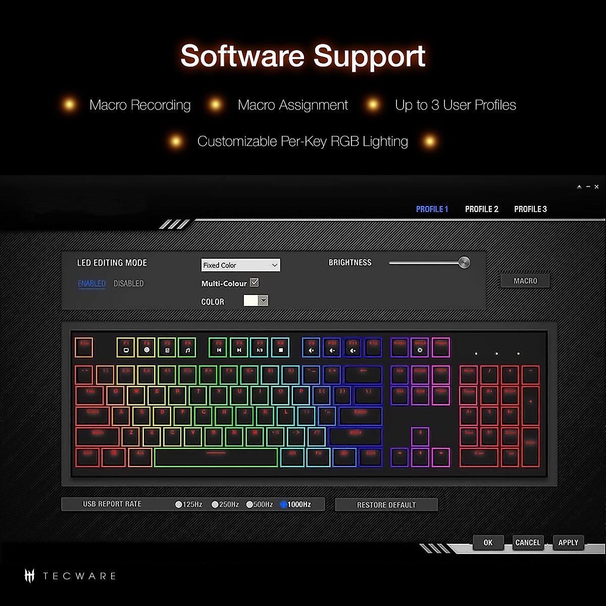 TECWARE Phantom 104 Key Full Size RGB Mechanical Gaming Keyboard with Numpad, LED Backlit, Typewriter Sound, Clicky Switch, Outemu Blue
