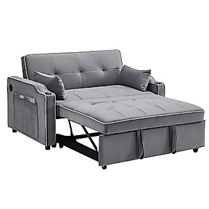 Convertible Sofa Bed, 3-in-1 Multi-Functional Velvet Sleeper Couch Pull-Out Bed, Loveseat Sofa Chaise Lounge with USB Port, Cupholder, Side Pocket, Adjustable Backrest and Pillows for Living Room