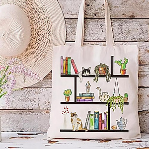 Fertkxsi Cute Cat Canvas Totes Bag Aesthetic for Women Floral plant Print Tote Bags book totes shopping travel beach bag