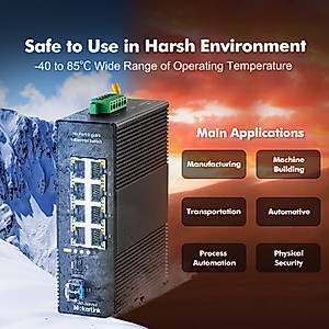 MokerLink 8 Port Gigabit Industrial DIN-Rail Ethernet Switch, 2 SFP Ports with 1 LC 20KM Module(SMF), IP40 Rated Unmanaged Network Switch (-40 to 185°F), with UL Power Supply