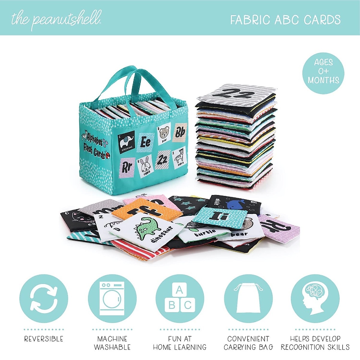 The Peanutshell Baby Soft Alphabet Flash Cards – Cloth ABC Book Cards for Babies & Toddlers, 26 Fabric Tiles, Infant to 36 Months Baby Books, Soft Alphabet Cards, Soft Alphabet Cards with Bag
