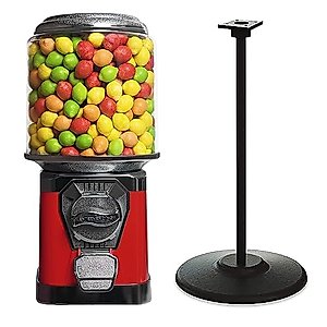 Gumball Machine for Kids - Red Vending Machine with Stand and Cylinder Globe - Bubble Gum Vending Machine and Black Metal Stand Bundle - Coin Gumball Machine