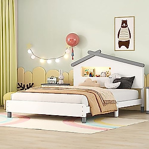 Full Bed Frame, Full Size Platform Bed with House-shaped Headboard and Motion Activated Night Lights, Wooden Platform Bed Frame for Boys Girls Teens Bedroom, 10 Slats Support, White & Gray