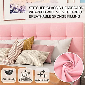 Daznzn Full Size Upholstered Platform Bed Frame, Velvet Bed Frame with Stitched Headboard and Strong Wooden Slat Support, Easy Assembly, No Box Spring Needed, Non-Slip and Noise-Free, Pink