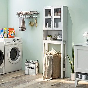 BestComfort Over The Toilet Storage Cabinet, Bathroom Organizer with Frosted Glass Doors, Adjustable Shelf, Open Compartment, Freestanding Over Toilet Rack Unit for Washroom Laundry (67'' H)