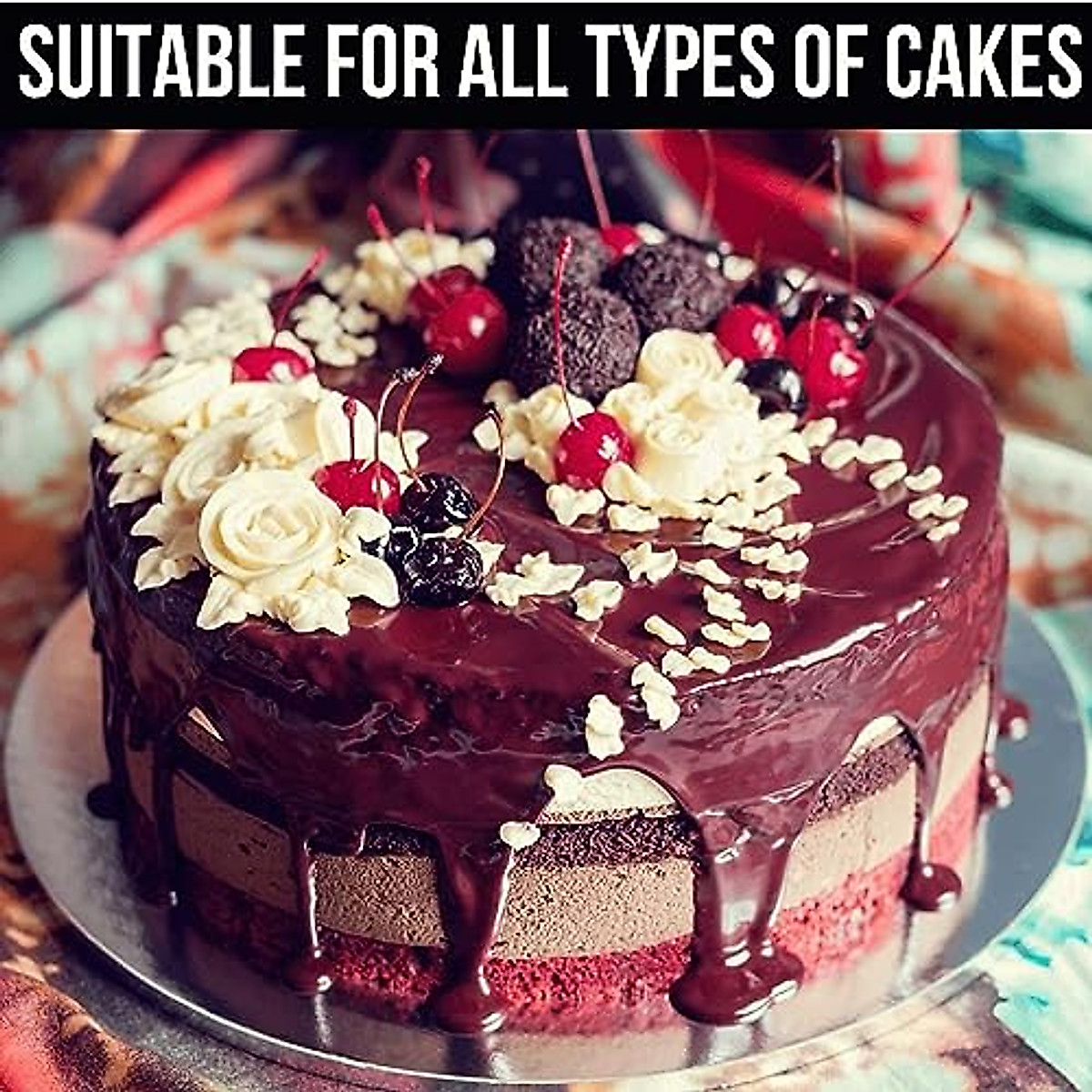 Cake Boards (4 Pack, 12 inch, Silver), Reusable Round Cake Drums for Showstopping Desserts, Heavy-Duty Disposable Cardboard Cake Bases W/Elegant Patterns, Cake Decorating Supplies by PixiPy