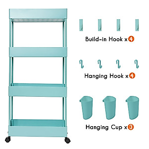 JAKAGO 4-Tier Utility Rolling Storage Cart Slim Mobile Shelves on Wheels Multi-Function Trolley with Mesh Basket Storage Organizer Rack for Kitchen Pantry Bathroom Laundry (Teal)