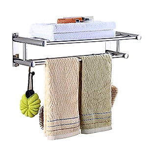 XHALERY Wall Mounted Hotel Towel Shelf Storage Holder Compatible with 4 Hooks,Bathroom/Kitchen Towel Rack Stainless Steel for for Towels, Bathrobe, Tea Towels