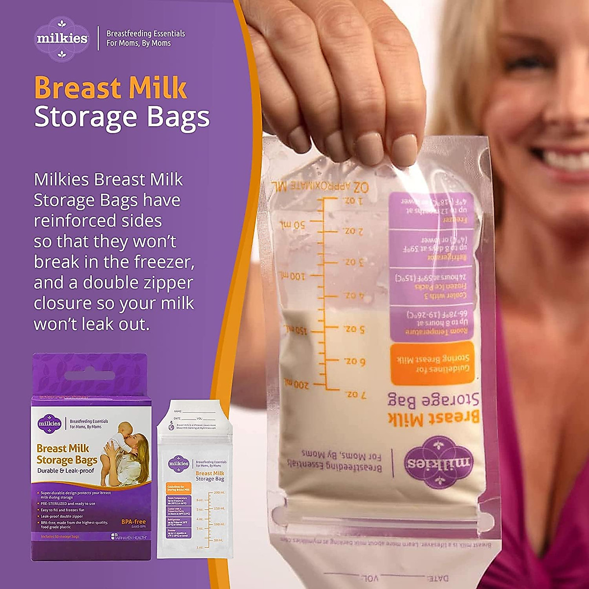 Fairhaven Health Milkies Breast Milk Storage Bags, 50 Count, Presterilized and BPA Free, No Leak and No Break, Easy to use, Freeze up to 6 Ounces