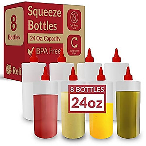 Reli. Plastic Squeeze Bottles, 24 oz. | 8 Pack | Condiment Squeeze Bottles for Sauces | Clear w/Red Twist Cap | 24 Ounce Hot Sauce, Ketchup Bottles | Squirt Bottles for Condiments, Olive Oil, Liquids