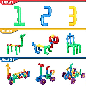 ZOZOPLAY STEM Learning Toy Tubular Pipes & Spouts & Joints 96 Piece Build Bicycle, Tank, Scootie, Moter Skills Endless Designs Educational Building Blocks Set for Kid Ages 3+ Multicolor