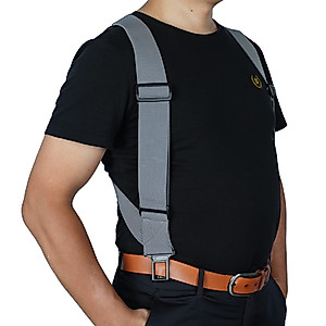 MELOTOUGH 2inch Wide Elastic Unisex Trucker Suspenders - Grey, Comfort version with Gripper Clasp - Holding up pants