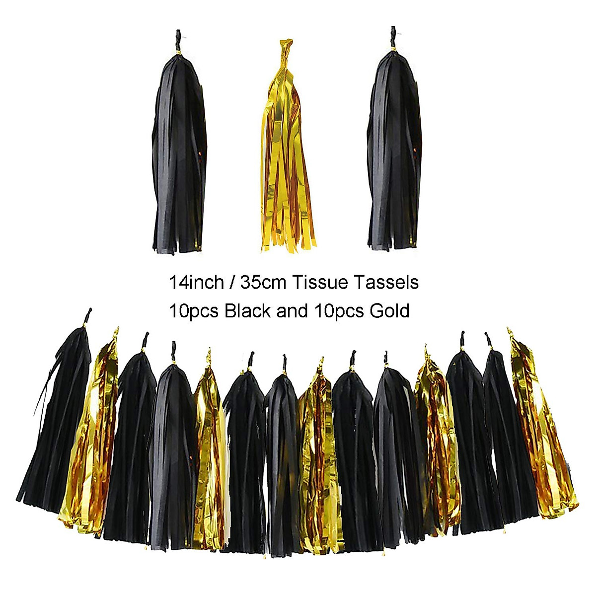 ZERODECO Black and Gold Decorations, Hanging Paper Fans Pom Poms Flowers Tassel Garlands String Triangle Bunting Flags and Balloons for Birthday Graduation Congrats Grad New Years Party Décor