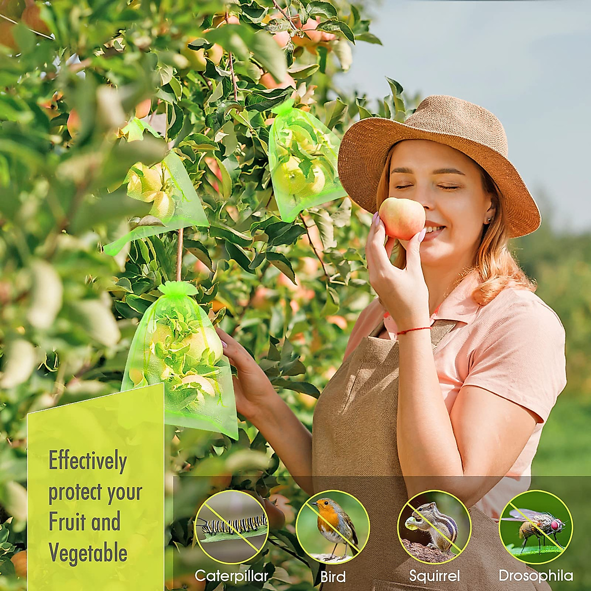 100 Pcs Fruit Protection Bags for Fruit Trees 6 x 8 Inch, Green Mesh Fruit Netting Bag, Fruit Cover Net Bags with Drawstring for Grape Apple Mango Peach Protect from Insect Birds Squirrels