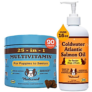 Natural Dog Company Multivitamin Chews & Coldwater Atlantic Salmon Oil Bundle – Advanced Immune Support, Joint Care, and Cognitive Health for Senior Dogs – Perfect Daily Supplement, 90 Chews + 16oz Oi