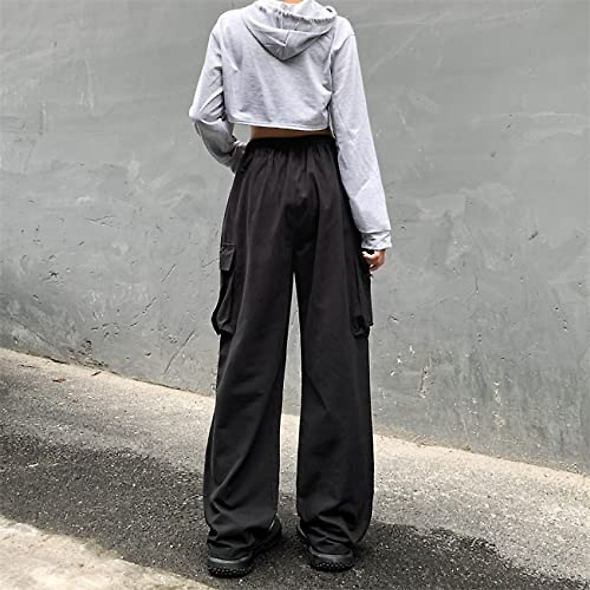 Linsennia Parachute Pants for Womens Wide Leg Cargo Pants Y2k with Pockets Baggy Casual Harajuku Streetwear Goth