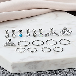 PLOMFOV 13Pairs 20G Cartilage Earrings for Women Men CZ Feather Barbell Earrings Stainless Steel Cartilage Hoop Earring 16G Tragus Conch Helix Piercing Jewelry Silver Tone