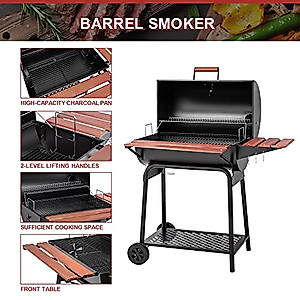 Royal Gourmet CC1830V 30 Barrel Charcoal Grill with Wood-Painted Side Front Table, 627 Square Inches Cooking Space, for Outdoor Backyard, Patio and Parties, Black