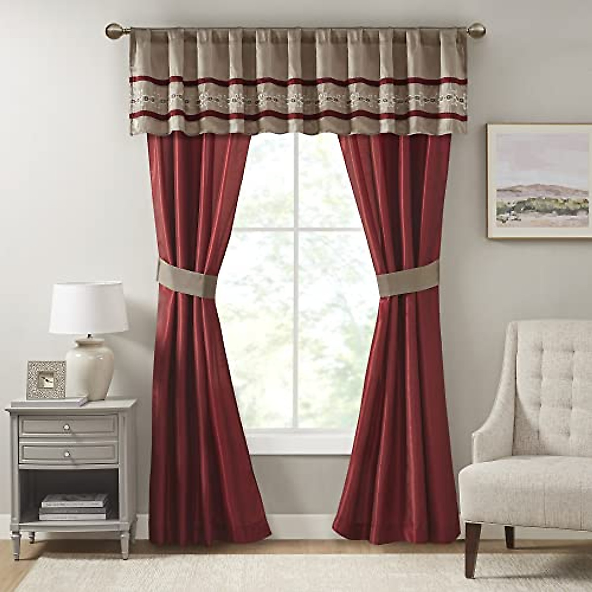 Madison Park Essentials Jelena Room in A Bag Faux Silk Comforter Classic Luxe All Season Down Alternative Bedding, Matching Bedskirt, Curtains, Decorative Pillows, Queen(90"x90"), Red 24 Piece