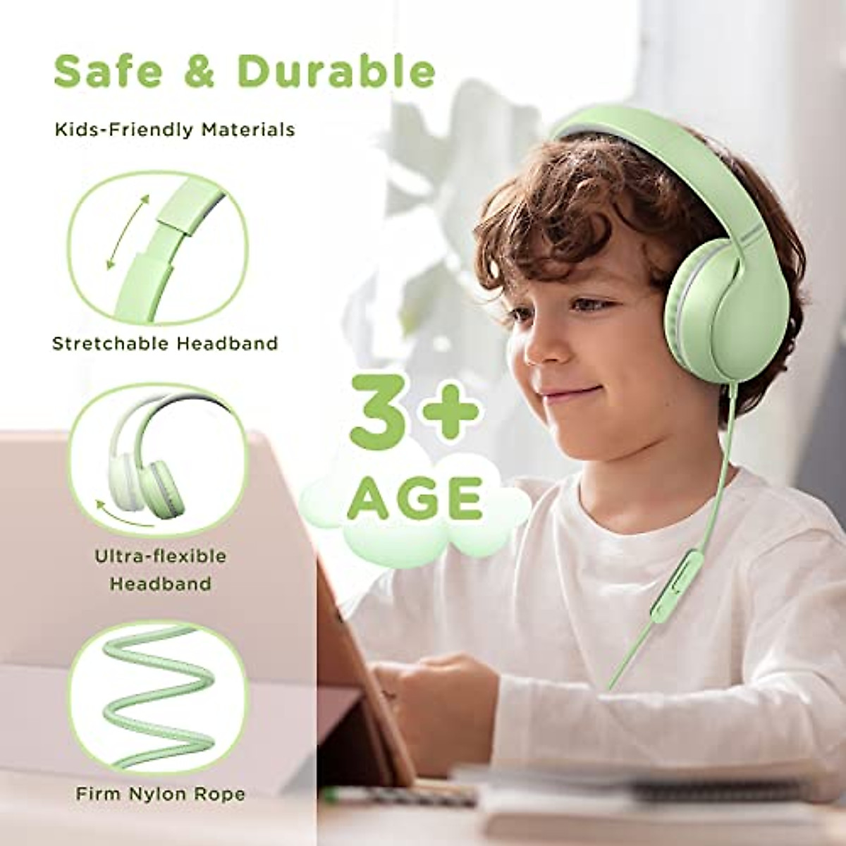 weneed Over Ear Headphones with Microphone for School/Travel/iPad, 94dB Volume Limited-Shareport, Foldable Wired Headphones for Kids/Teens/Boys/Girls, Green