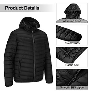 Outdoor Ventures Men's Lightweight Packable Hooded Puffer Jacket Insulated Winter Coat for Snow Ski Traveling