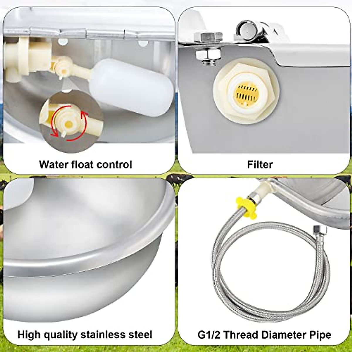 Automatic Water Feeder Trough Bowl with 1 Pipe Hose, with 2 Float Ball Valves and 1 Double Female Brass Swivel Connector, Stainless Steel Automatic Water Dispenser for Dog Pig Horse Cattle Goat Tool