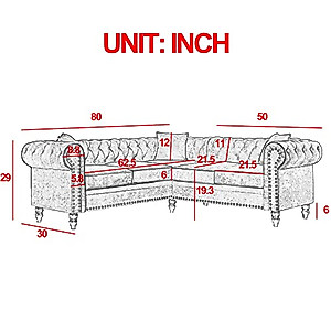 ERYE 80" L-Shaped Corner Symmetrical Sectional Sofa,Button Tufted Velvet Upholstered Modular Sofa & Couch,Classic Chesterfield Luxury Roller Armrest Couch,Nail Head Decor with 3 Pillows,Graphite Gray
